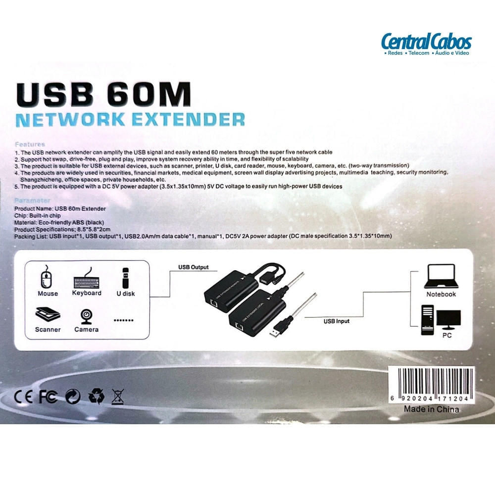 Extensor usb via utp 60mts c/fonte - centralcabos